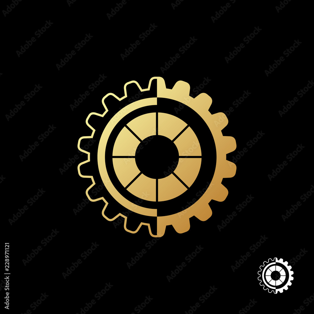 Gold cogwheel logo template. Sectioned circle inside the gold gear on ...