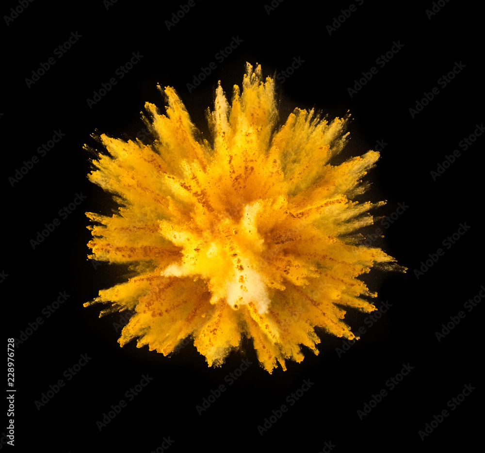 Explosion of yellow powder on black background Stock Photo | Adobe Stock