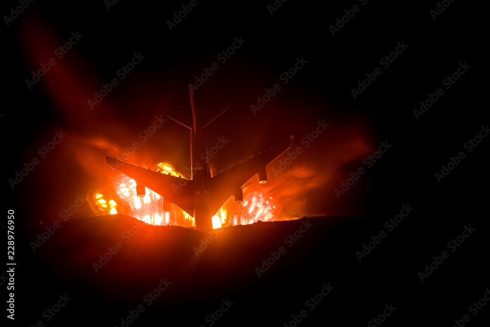 Air Crash. Burning falling plane. The plane crashed to the ground ...