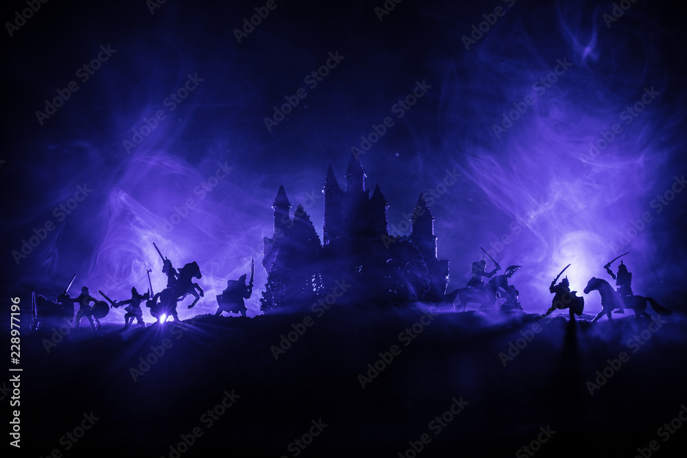 Medieval battle scene with cavalry and infantry. Silhouettes of figures ...