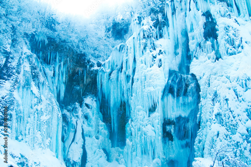 Croatia, Plitivice, frozen waterfalls in popular nature park Plitvicka ...