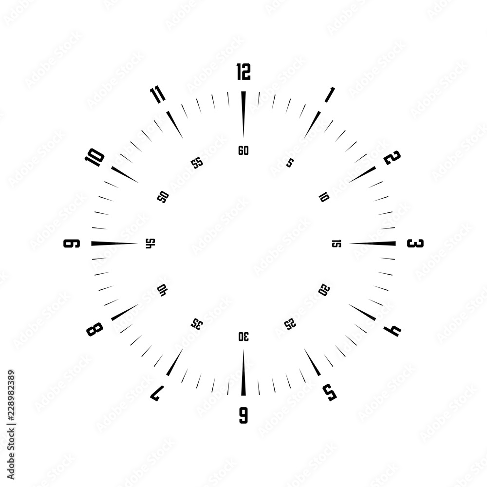 Clock face. Hour dial with numbers. Dashes mark minutes and hours ...