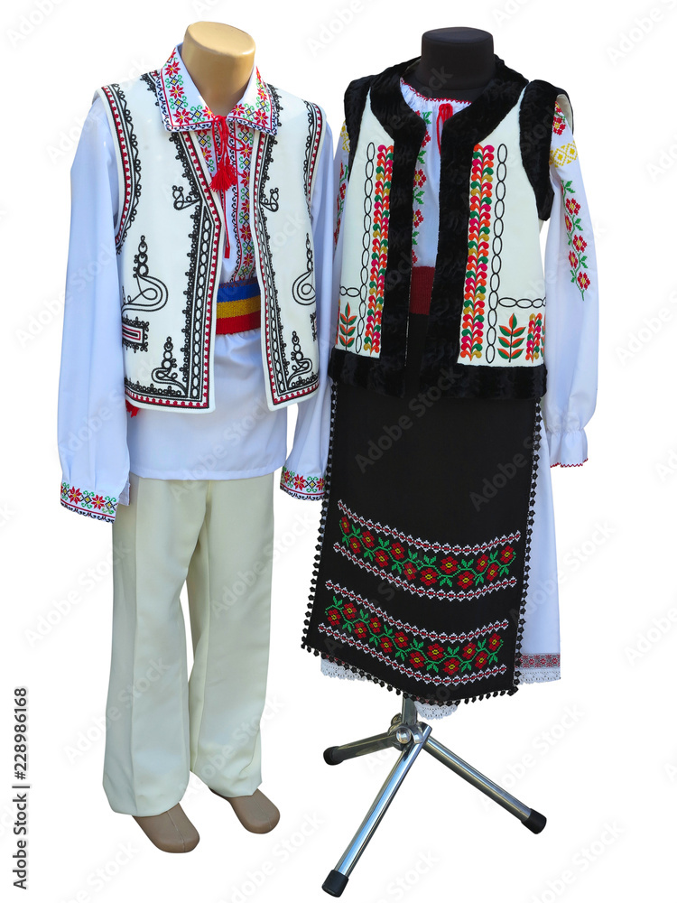 Balkan embroidered national traditional costumes clothes isolated over ...