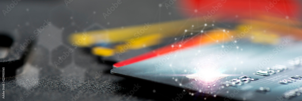 Credit and debit card of bank on technology digital - business ...