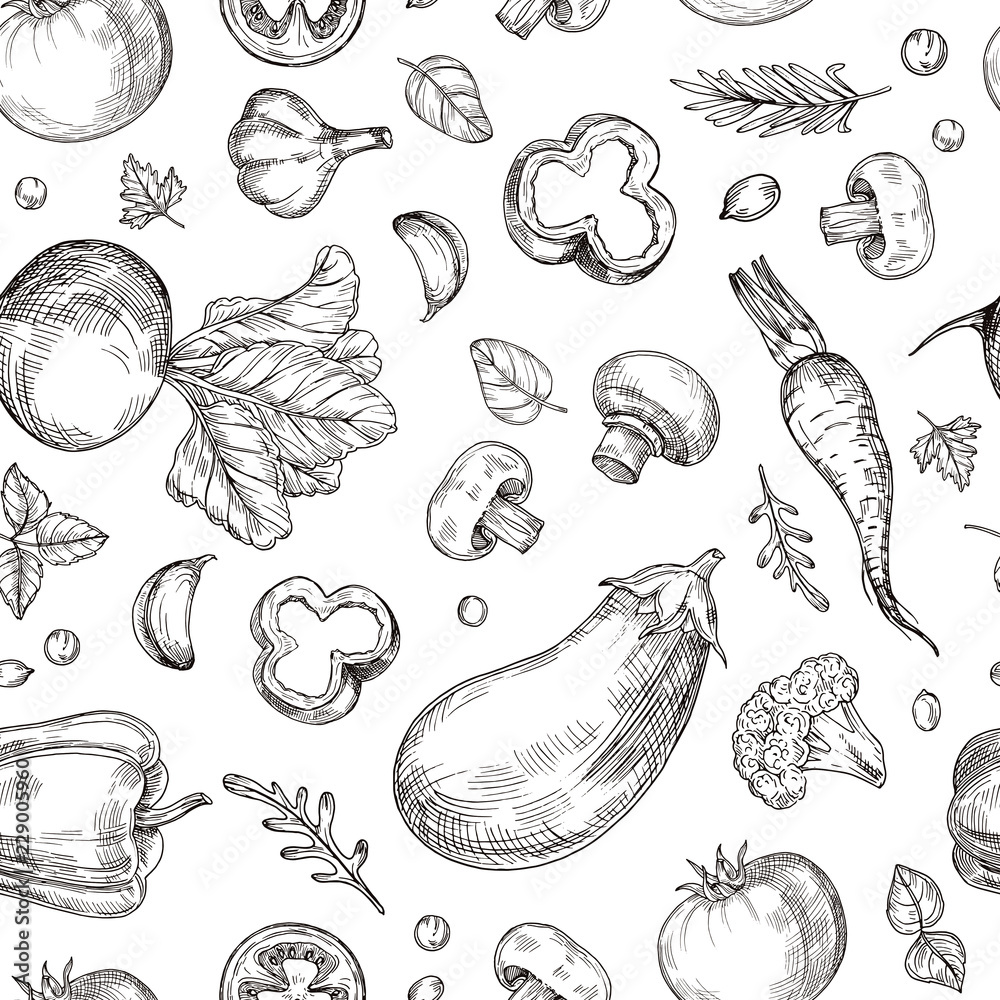Vegetable hand drawn seamless pattern. Fresh vegetarian food, garden vegetables. Etching drawing ...