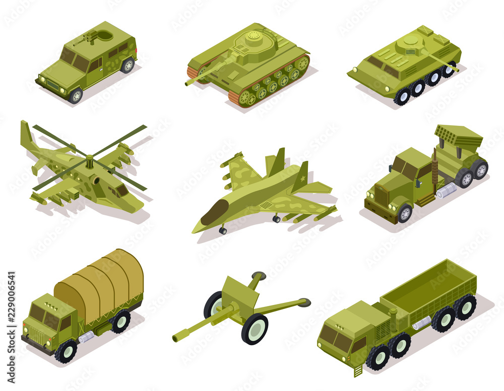 Armor weapon collection. Helicopter and cannon, volley fire system and ...