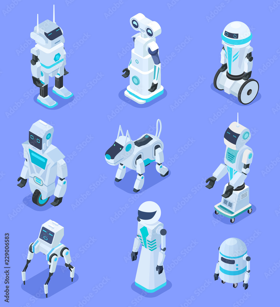 Vektorová grafika „Isometric robots. Isometric robotic home assistant security robot pet ...