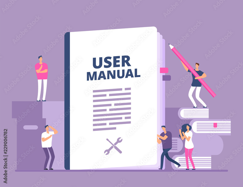User manual concept. People with guide instruction or textbooks. User ...