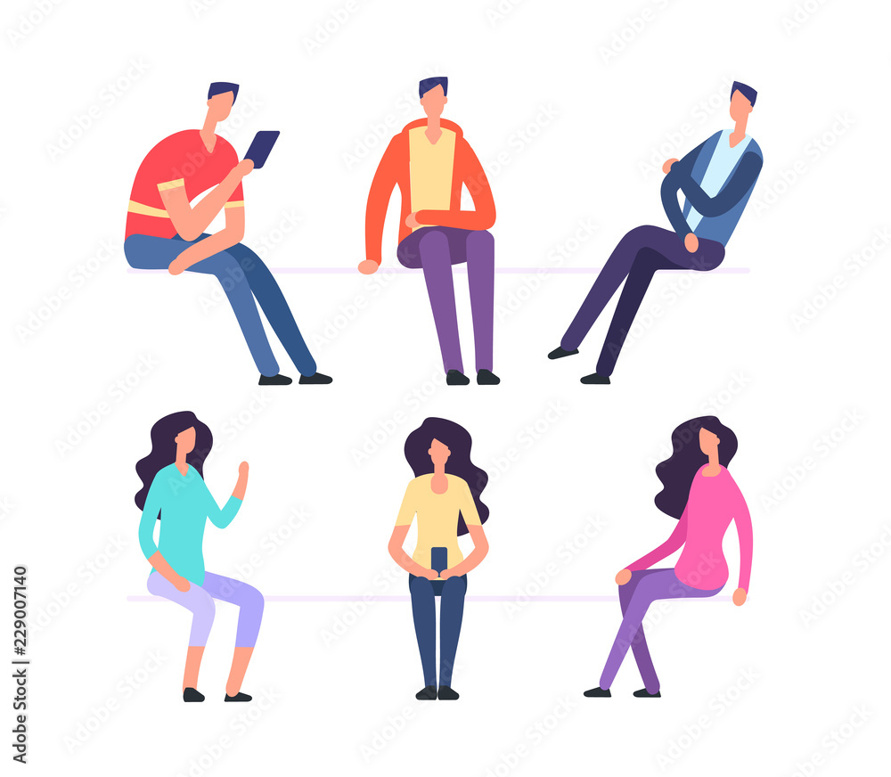 People sitting. Girl and boy sit on chairs. Cartoon vector characters ...