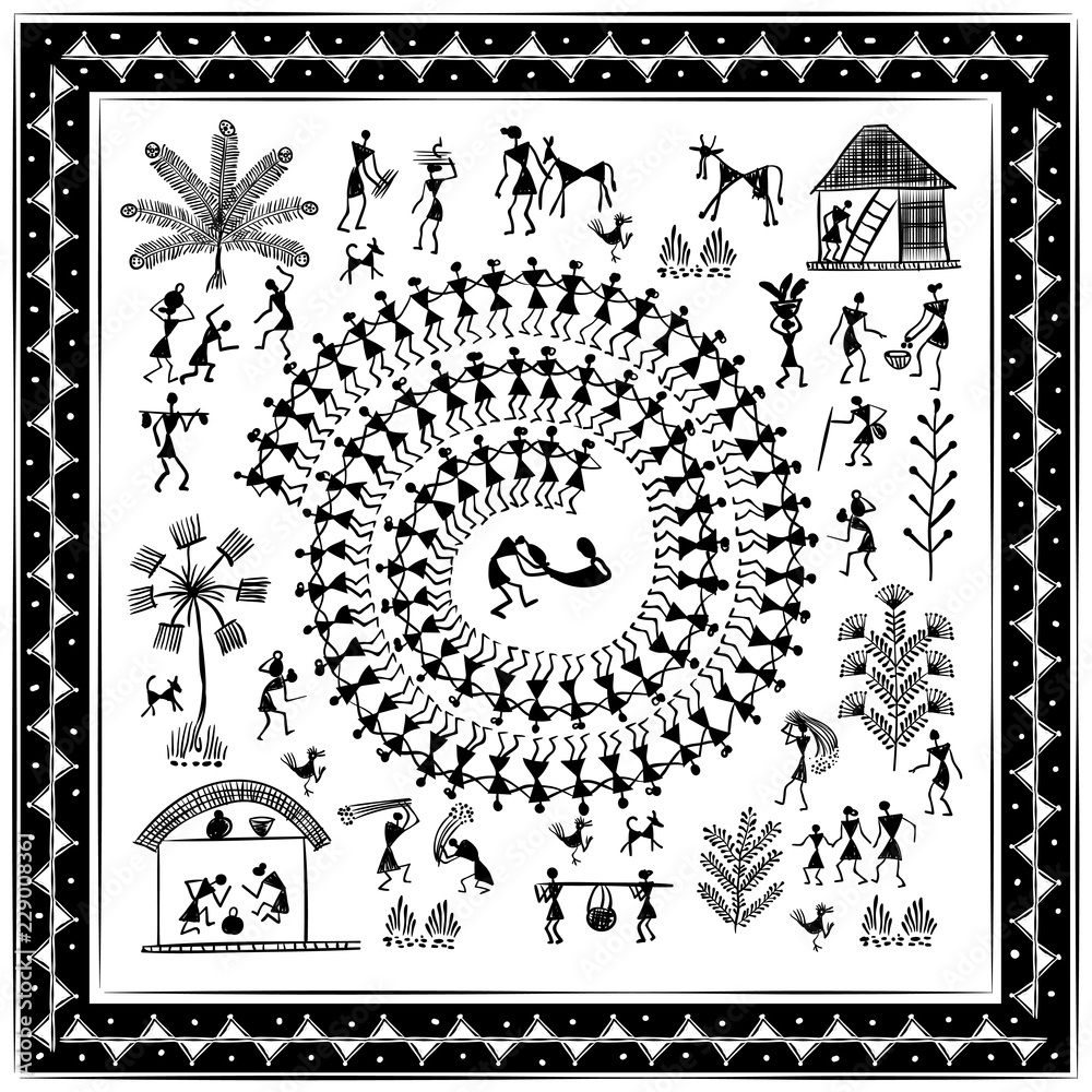 Warli peynting - hand drawn traditional the ancient tribal art India ...