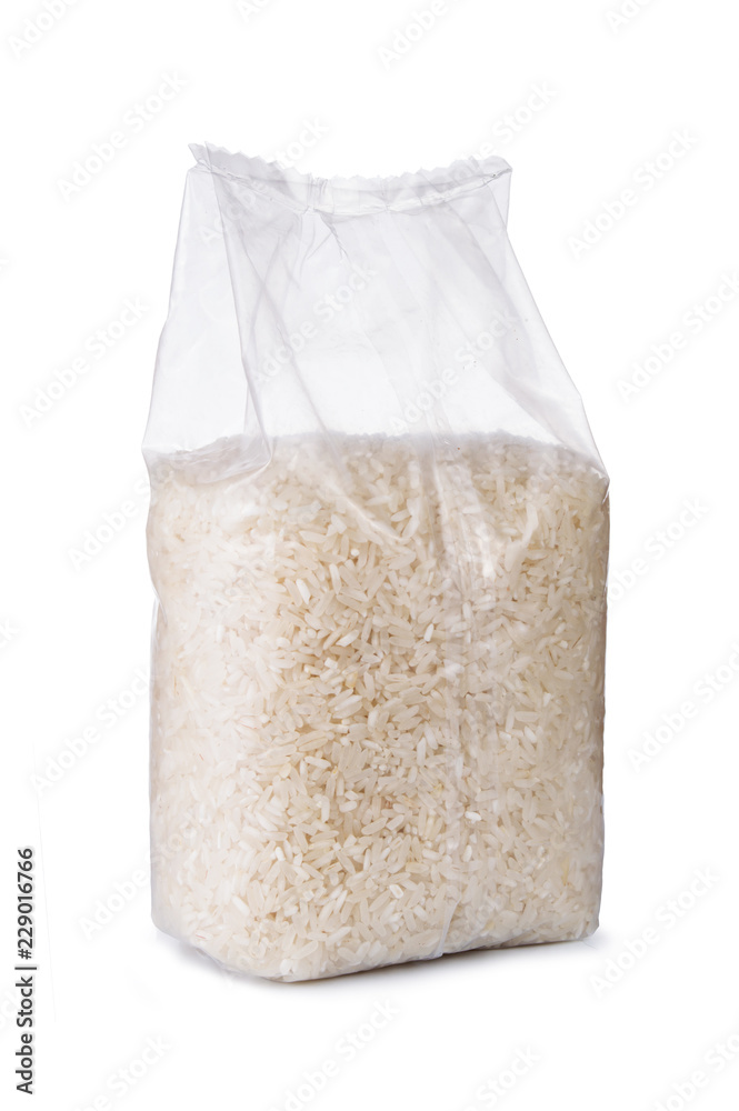 Rice in transparent plastic bag isolated on white background. Stock ...