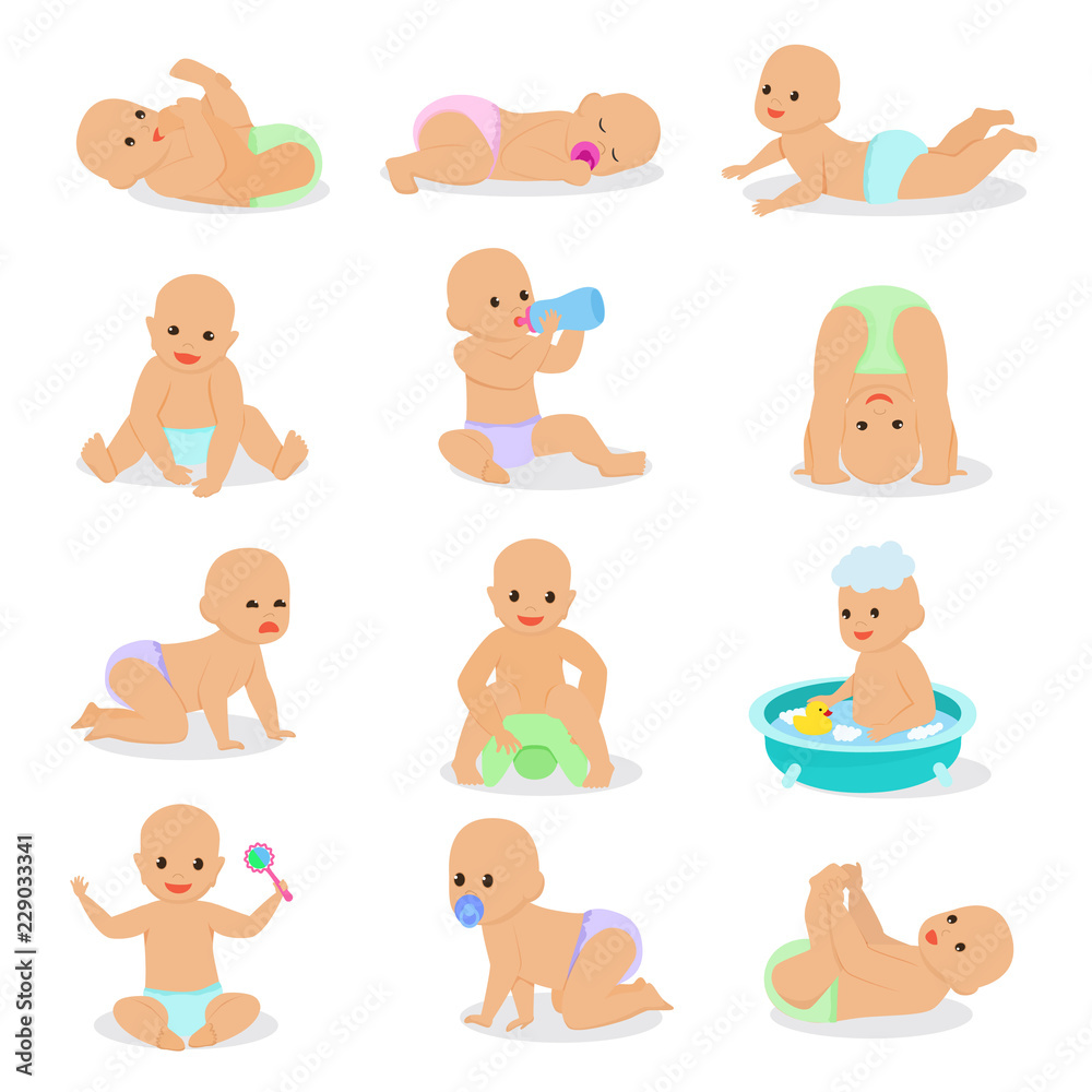Baby vector newborn infant child playing with childish toys and cartoon ...
