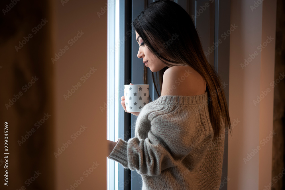 Portrait of a beauty girl looking through the window with a big jersey ...