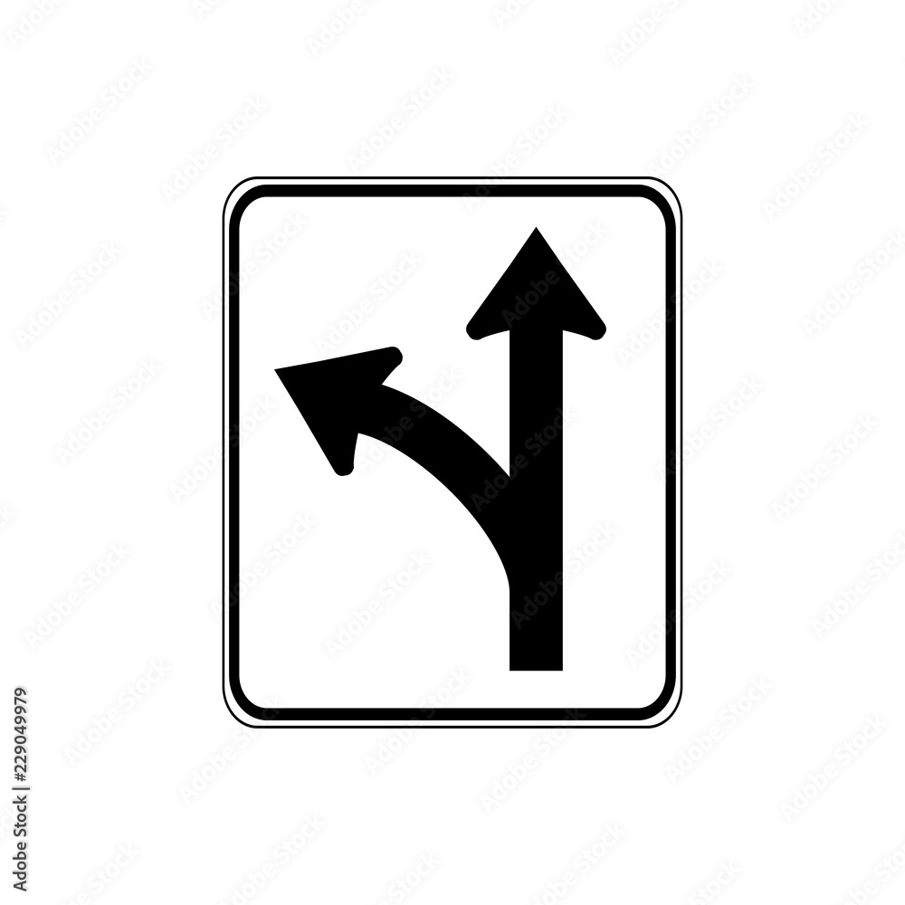 USA traffic road signs. This lane offers the option of turning left or ...