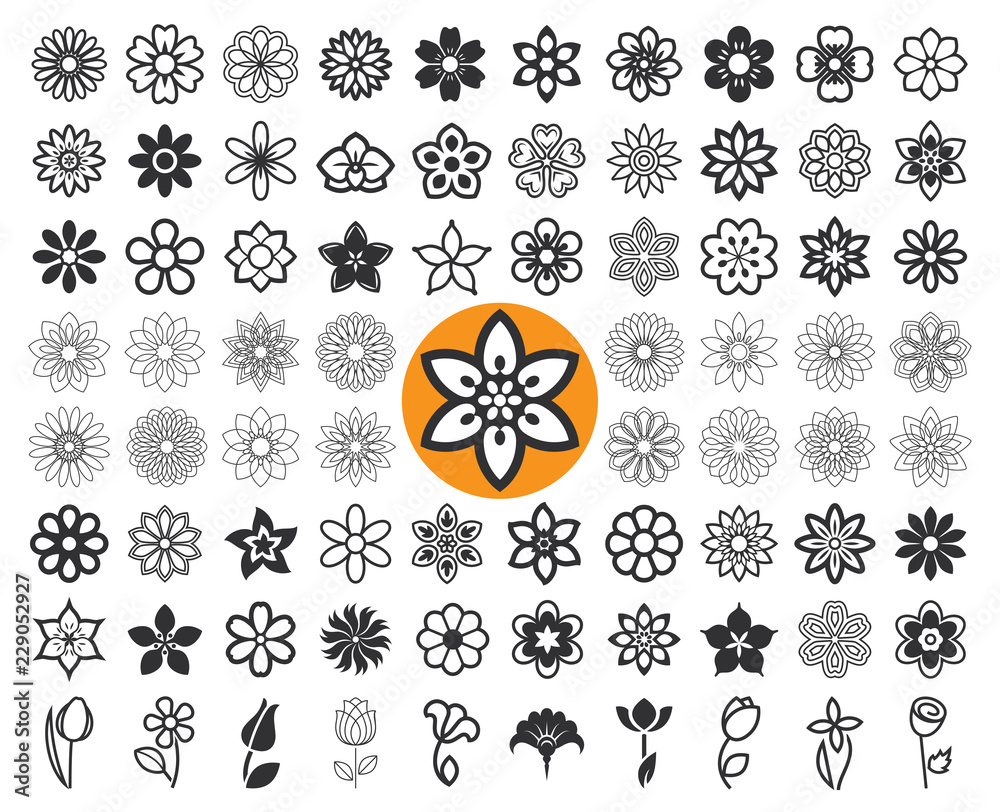 Set of flower icons and floral guilloche. Floriculture symbols. Vector ...