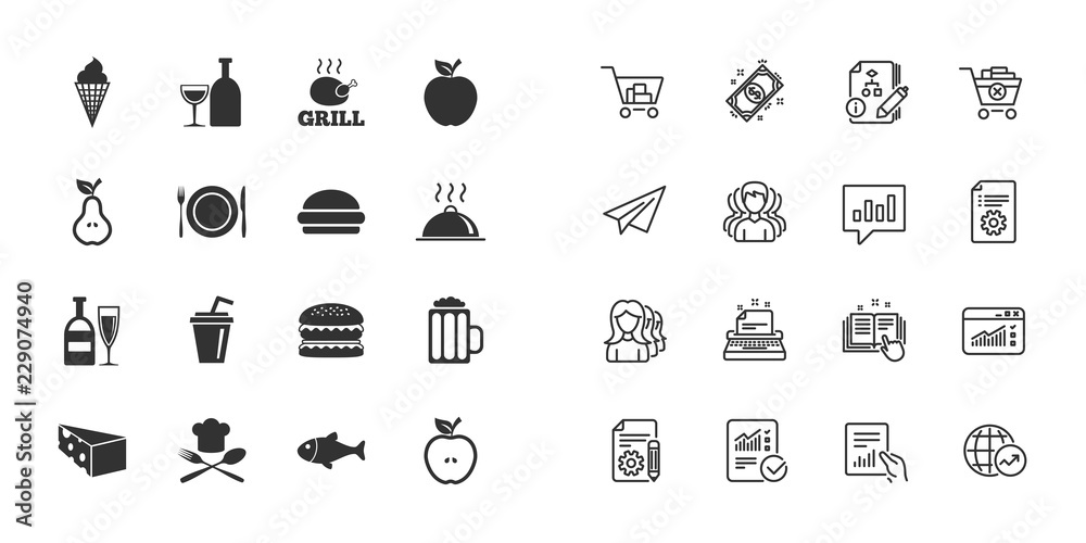 Set of Food and Drinks icons. Restaurant meal, Wine and Cheese signs ...