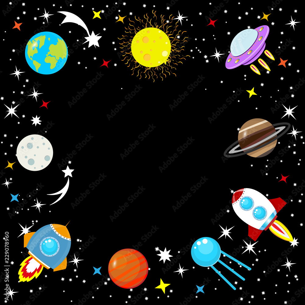 Spaceship in space among stars, planet Earth and Moon, Mars, Jupiter ...