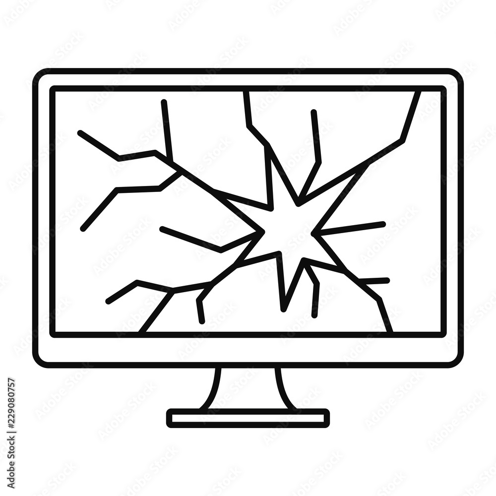 Broken computer monitor icon. Outline illustration of broken computer ...