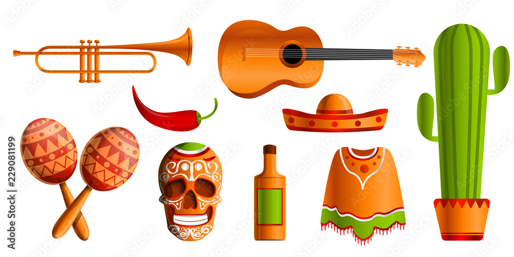 Mexican music icon set. Cartoon set of mexican music vector icons for ...
