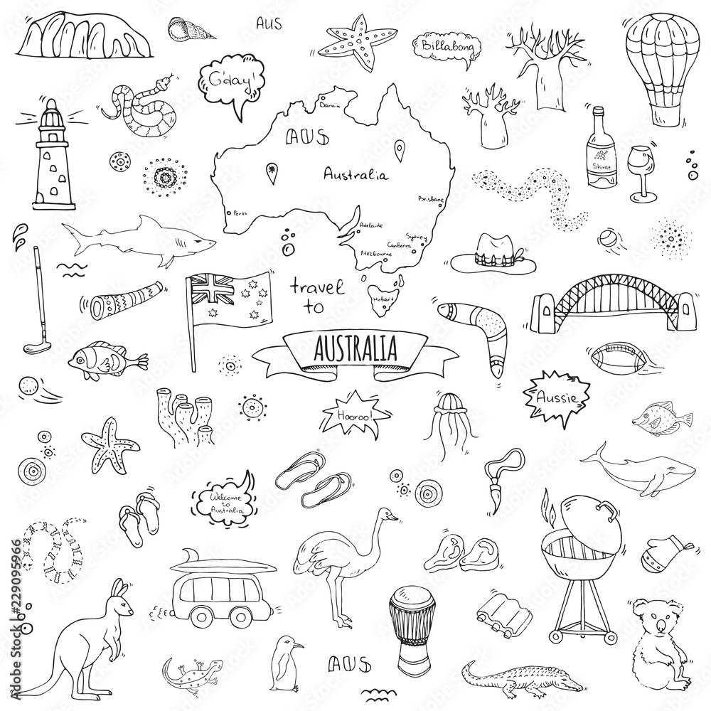 Hand drawn doodle Australia icons set Vector illustration isolated ...