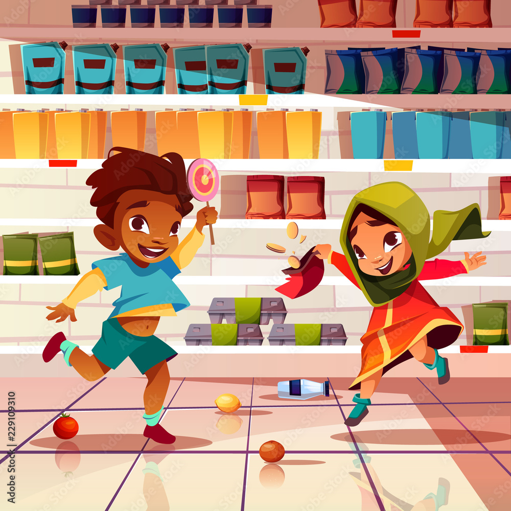 Mischievous kids playing with food in supermarket cartoon vector ...