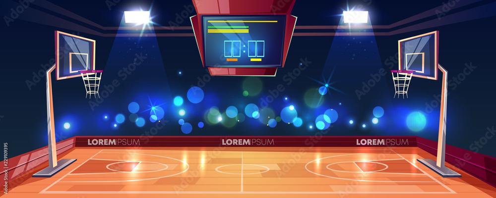 Basketball court illuminated with stadium lights, scoreboard and ...