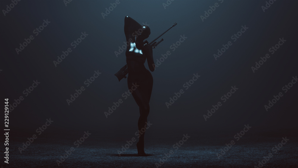 Black Latex Futuristic Abstract Assassin with Sniper Rifle 3d ...