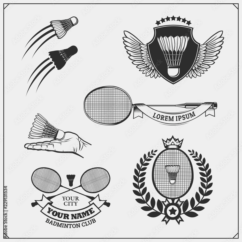 Badminton emblems, symbols, icons, labels and design elements. Black ...