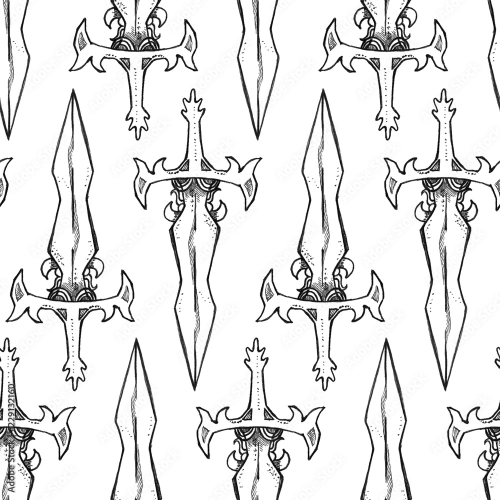 Seamless texture with a sword and dagger. Repeating middle ages style ...