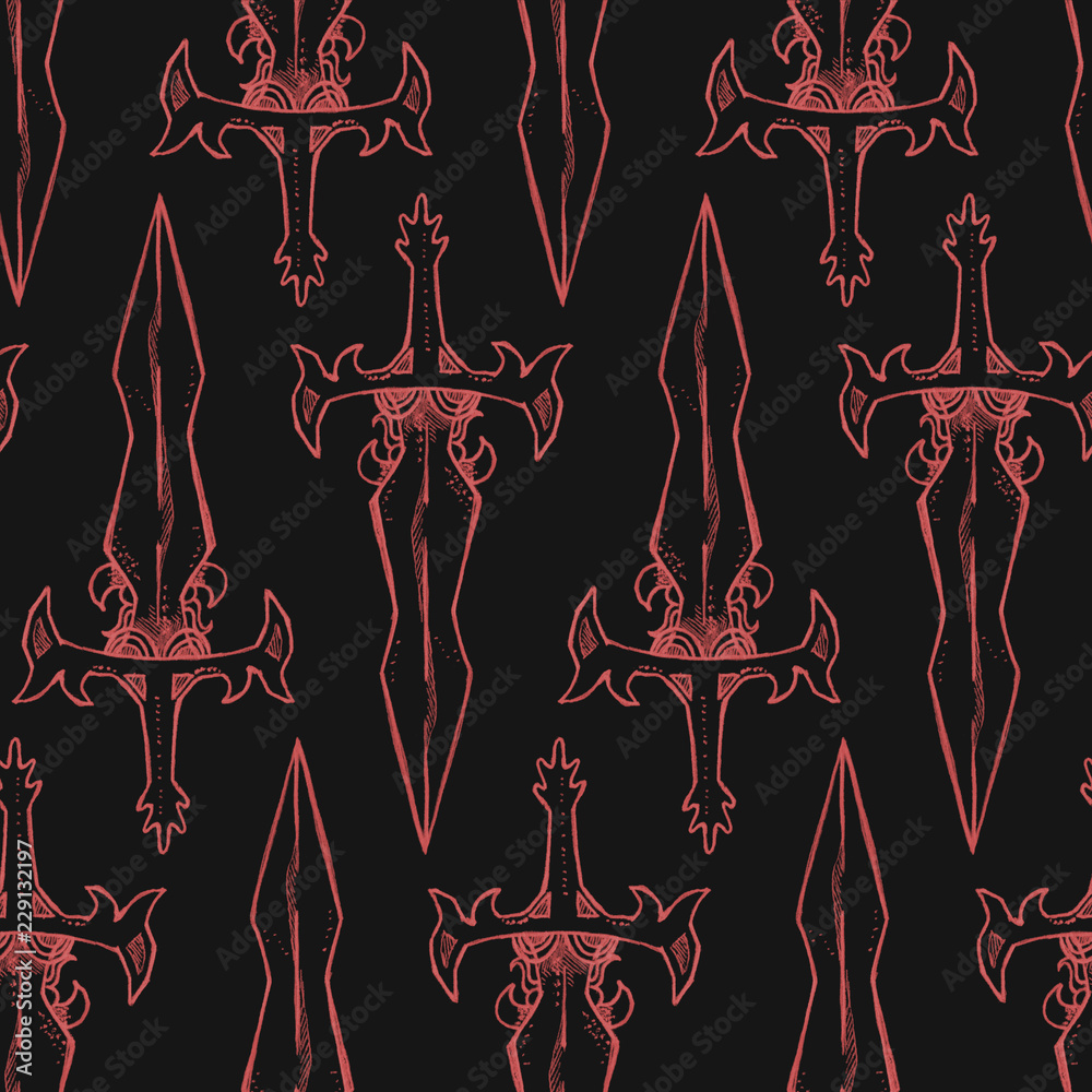 Seamless texture with a sword and dagger. Repeating middle ages style ...