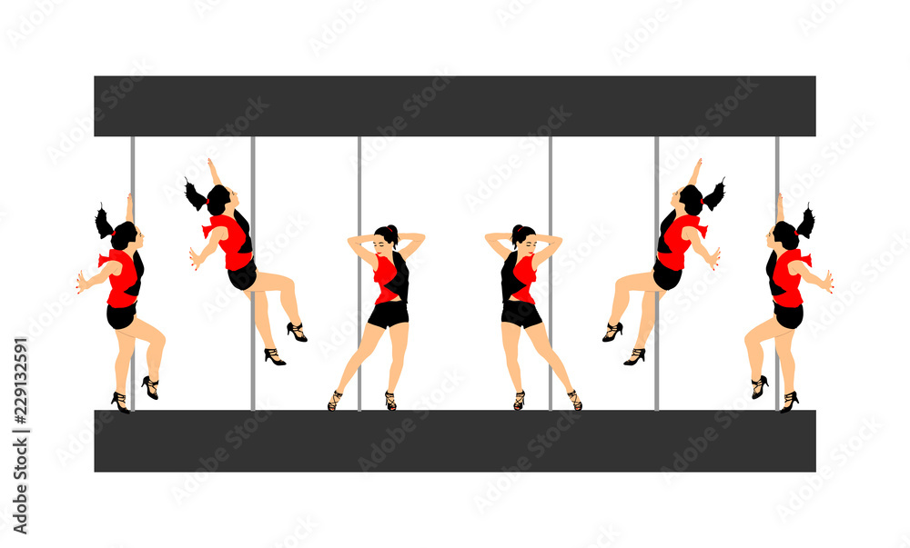 Young sexy woman pole dancing striptease with pylon in night club ...