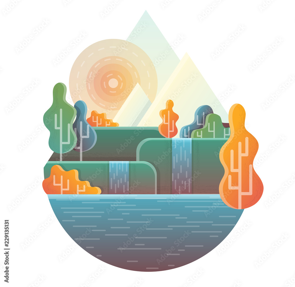 Flat nature illustration, with geometric elements, triangle tree, lake ...