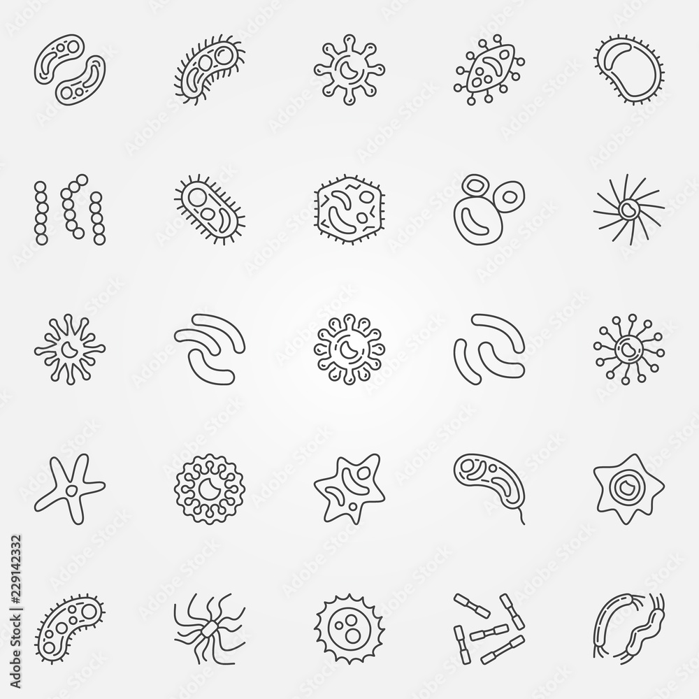 Bacteria outline icons set. Microbe and virus outline symbols Stock ...