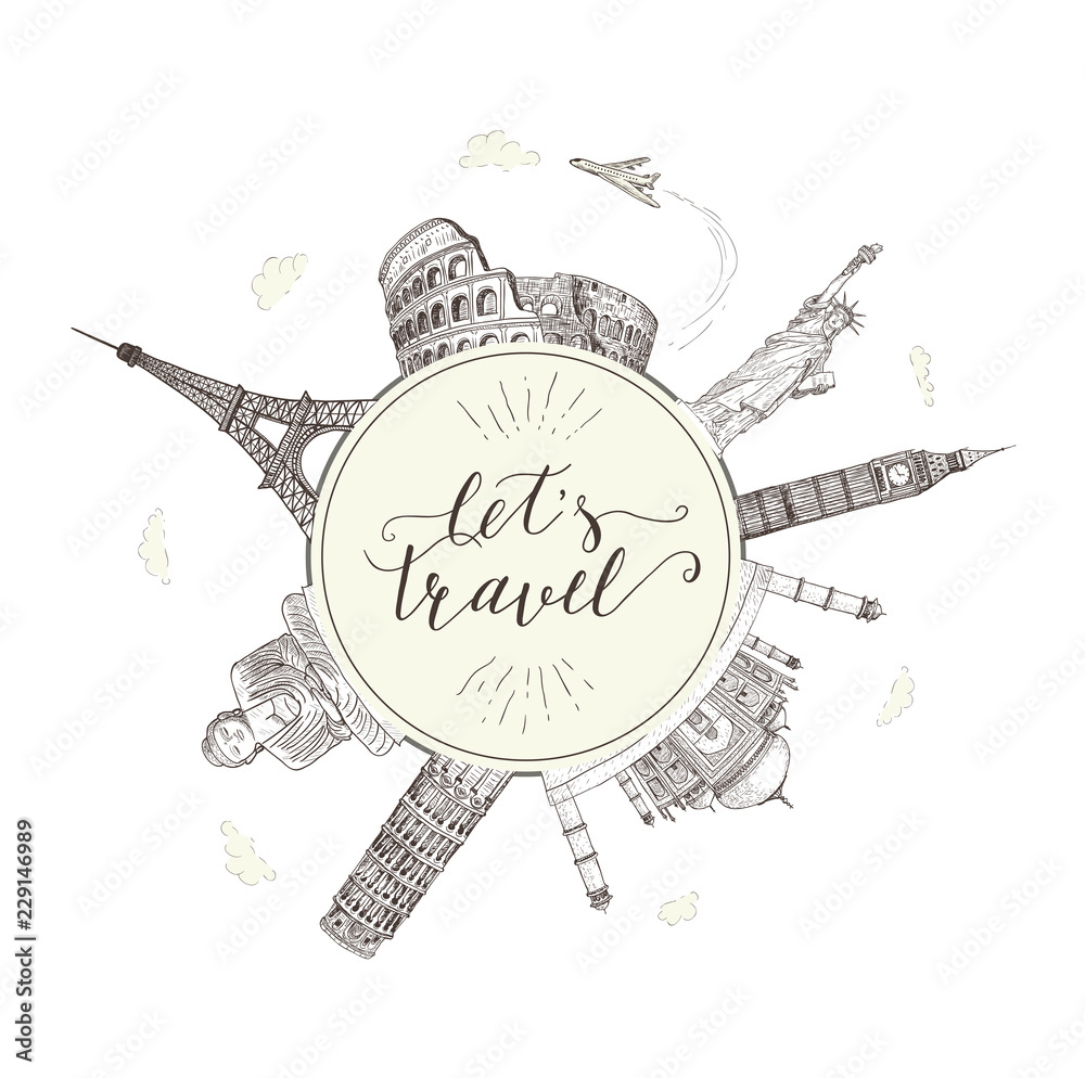 World travel and sights. Tourism banner with hand-lettering quote ...