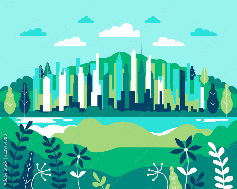 City landscape flat. Design urban illustration vector in simple minimal ...