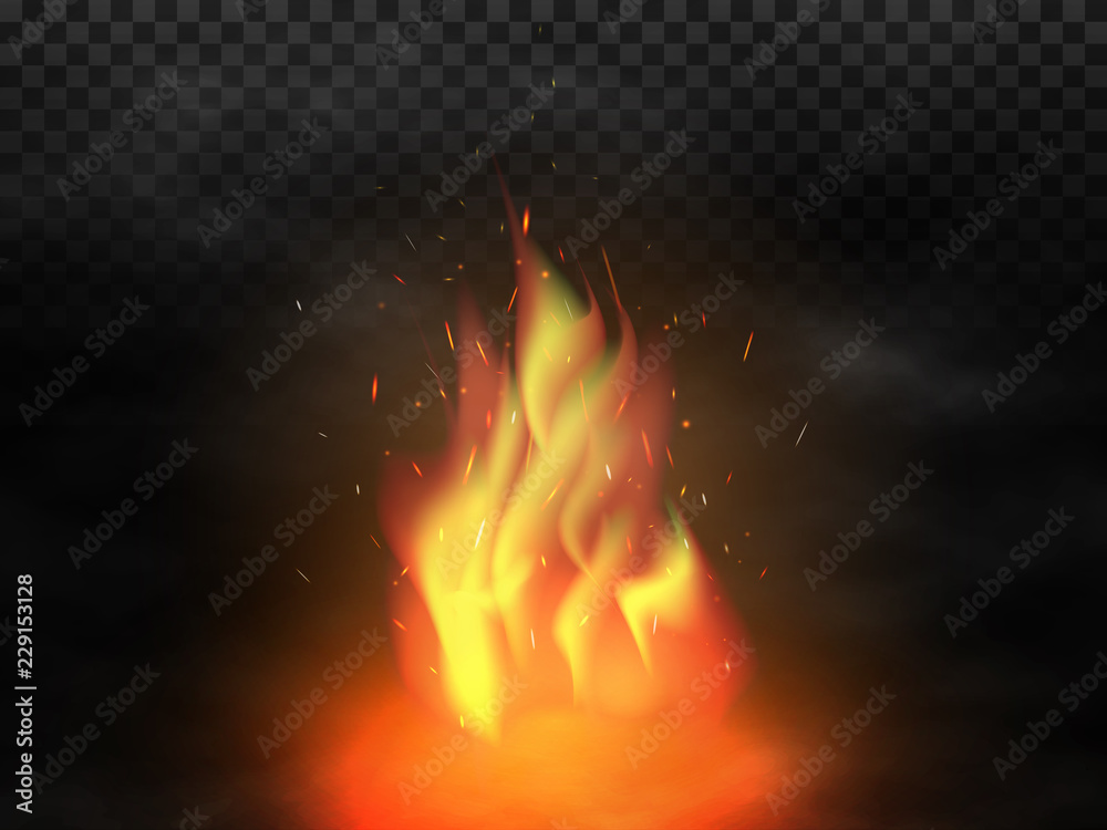 Bonfire and smoke. Realistic campfire with fire sparks. Glowing ...