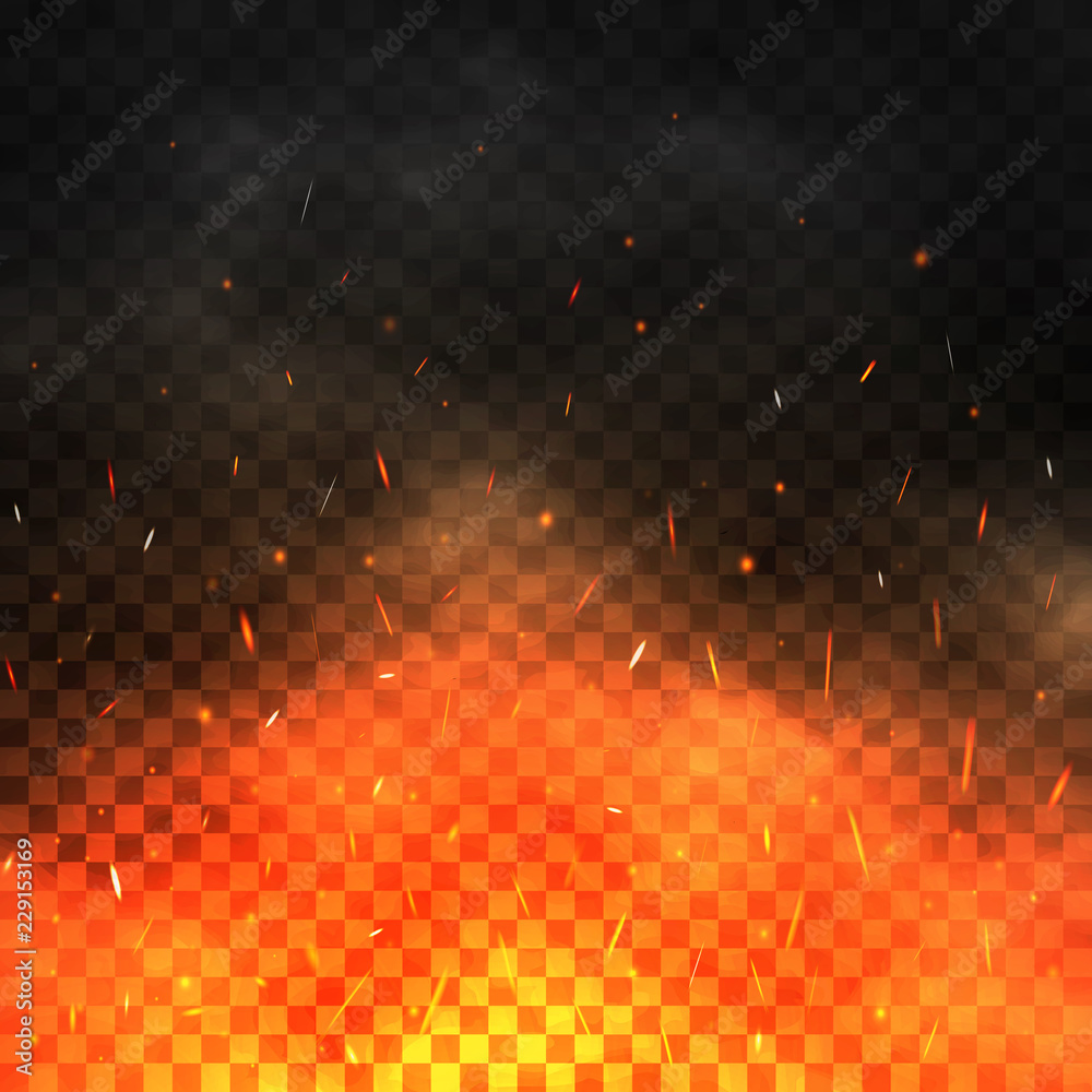 Fire sparks flying up. Realistic fire and smoke. Glowing particles on a ...
