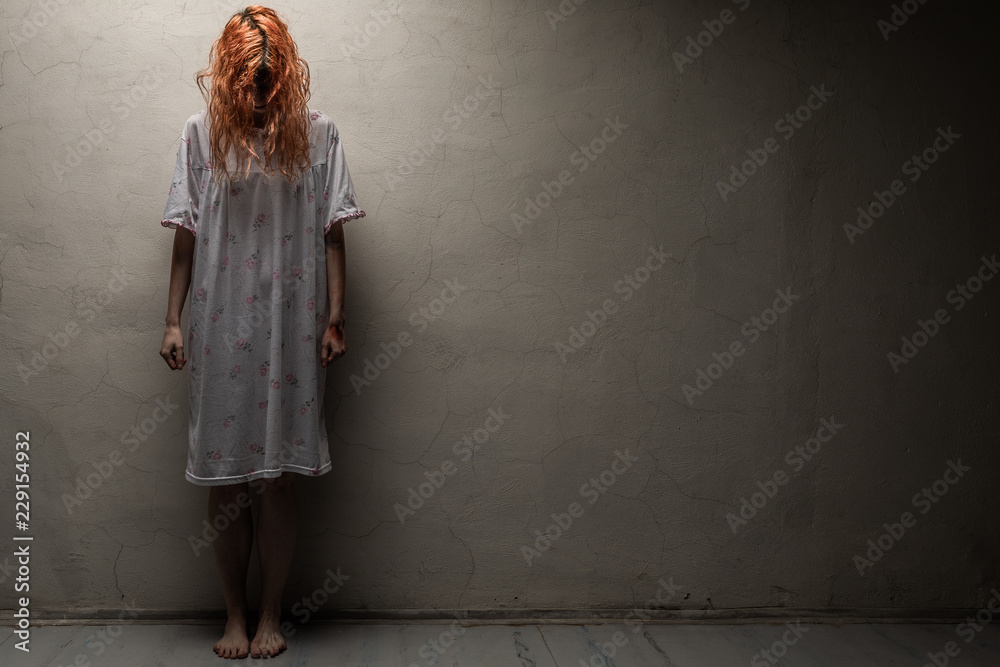 Scary ghost woman in nightgown with knife / halloween, zombie concept ...