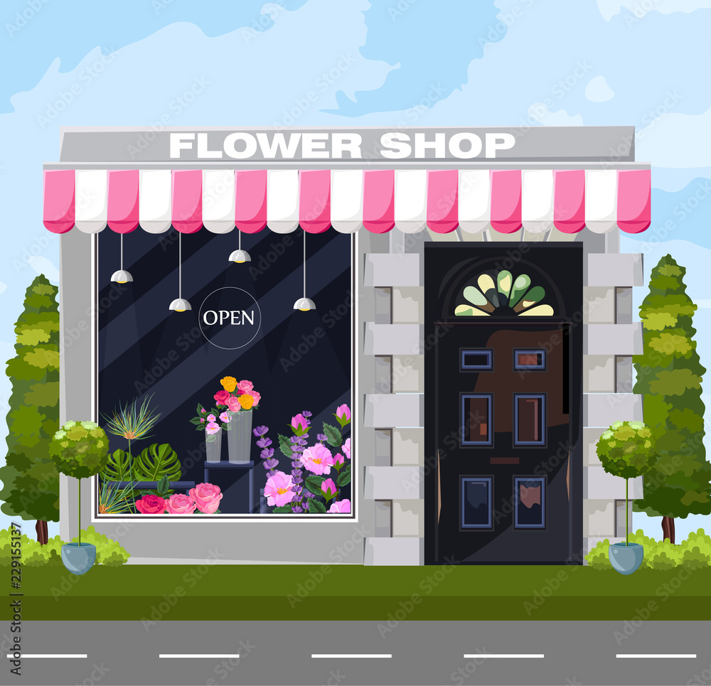 Flowers shop facade Vector. Architecture detailed cartoon style ...