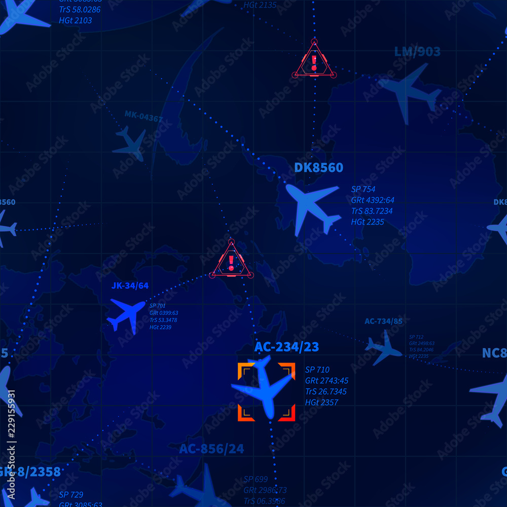 Detailed blue military radar with airline routes and target signs ...