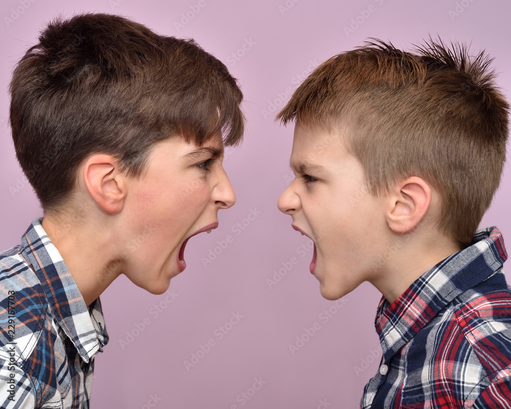 Two angry brothers standing face to face, quarreling, shouting and ...