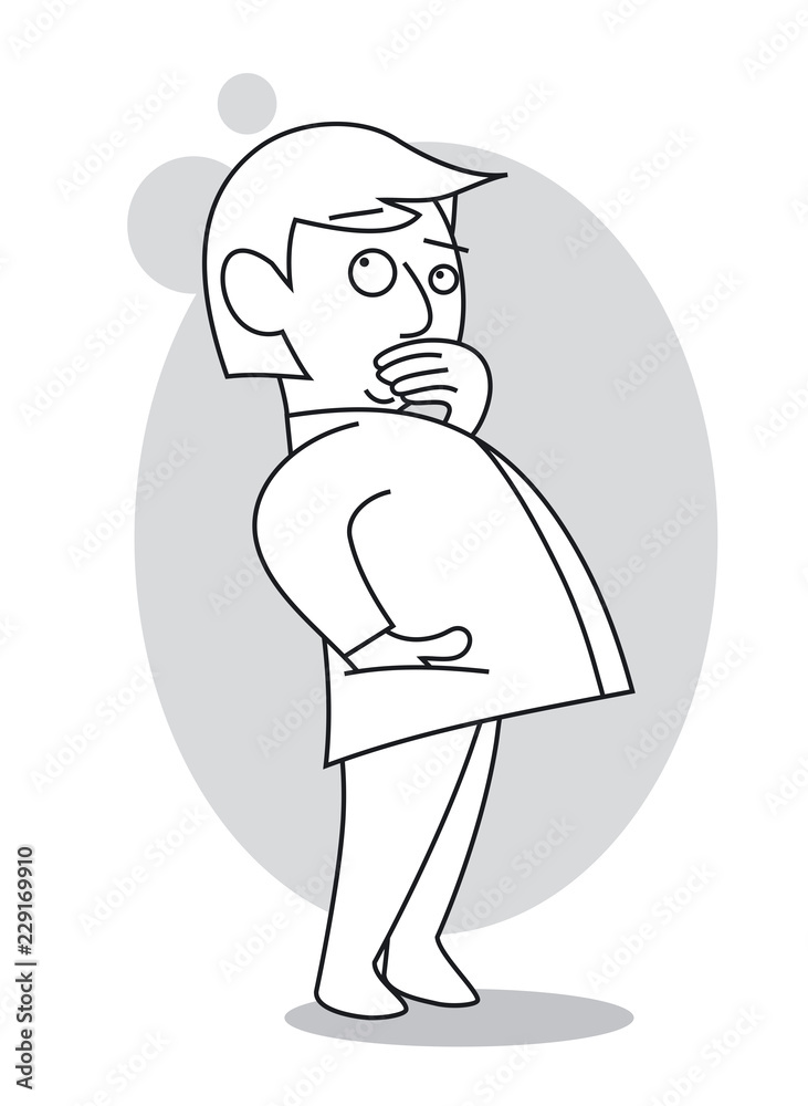 Thinking man with his hand on his mouth, standing and looking up ...