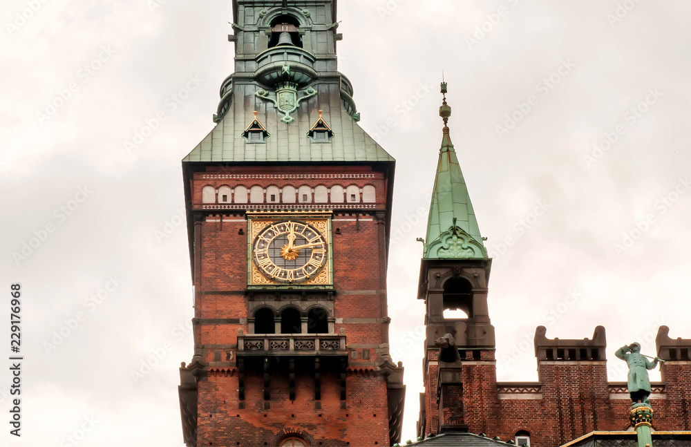 Clock tower of historical Copenhagen City Hall, built in 1905 in ...