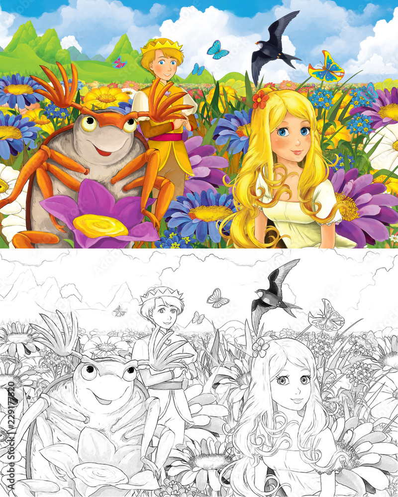 cartoon scene with beautiful tiny elf girl on the meadow talking to ...