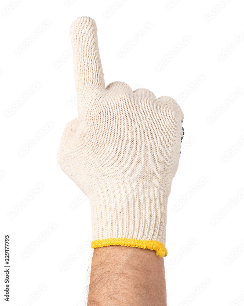 Worker showing gesture - pointing up finger, giving the number one sign ...