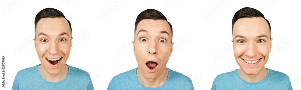 Set of portraits of young guy with different emotions isolated on a ...