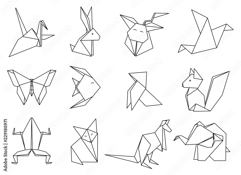 Origami Animals set. Geometric polygon cartoons. Coloring book. Stock ...