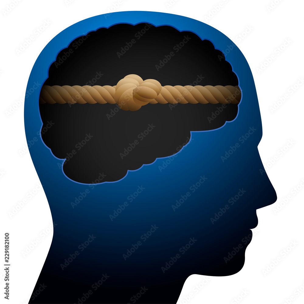 Knot head. Mental block. Thinking barrier. Symbolized with a knotted ...