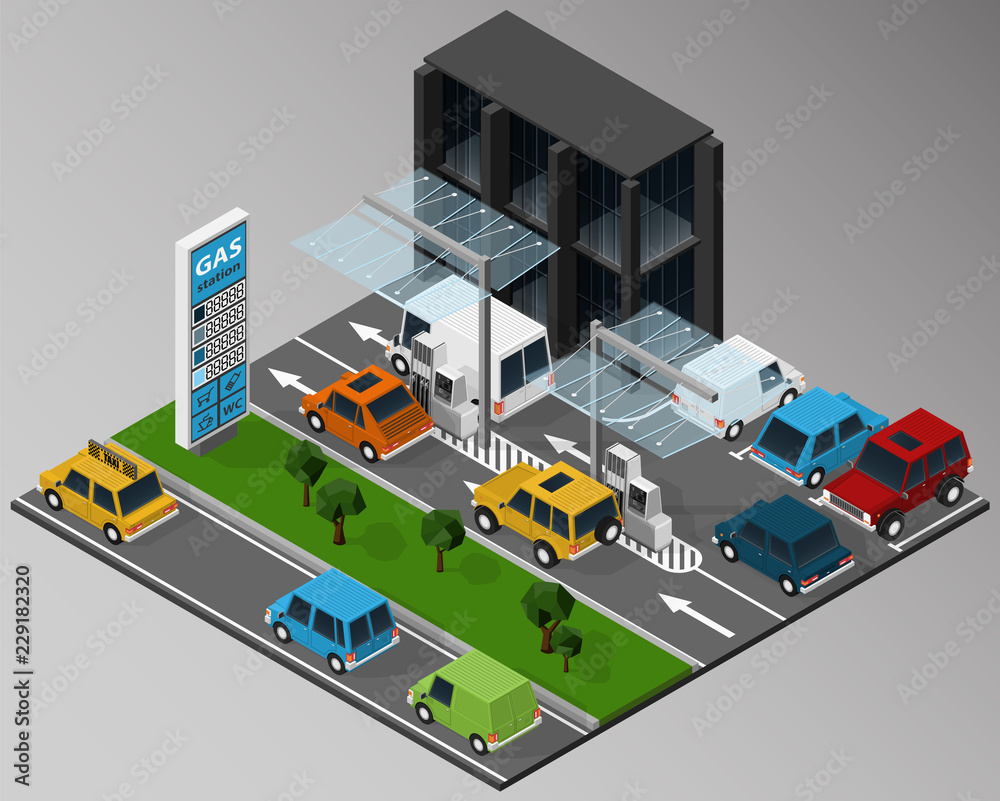 Vector isometric illustration of filling, gas station and the ...