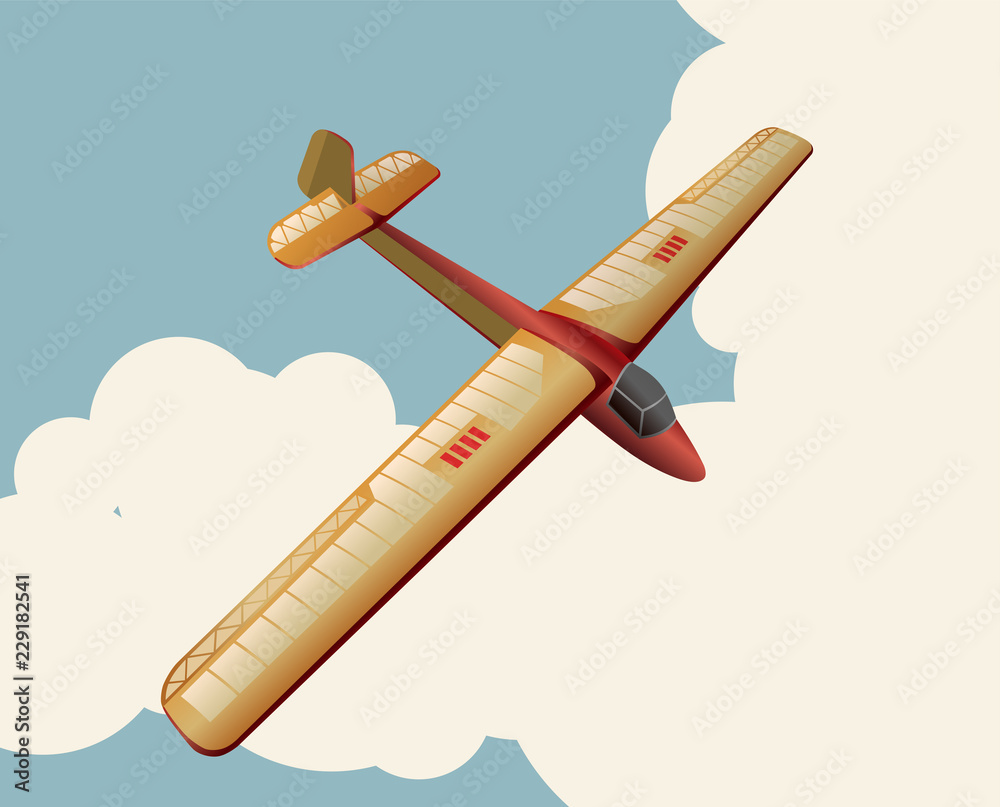 Model glider flying over sky with clouds in vintage color stylization ...